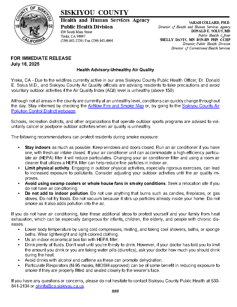Health Advisory Issued for Unhealthy Air Quality in Siskiyou County ...